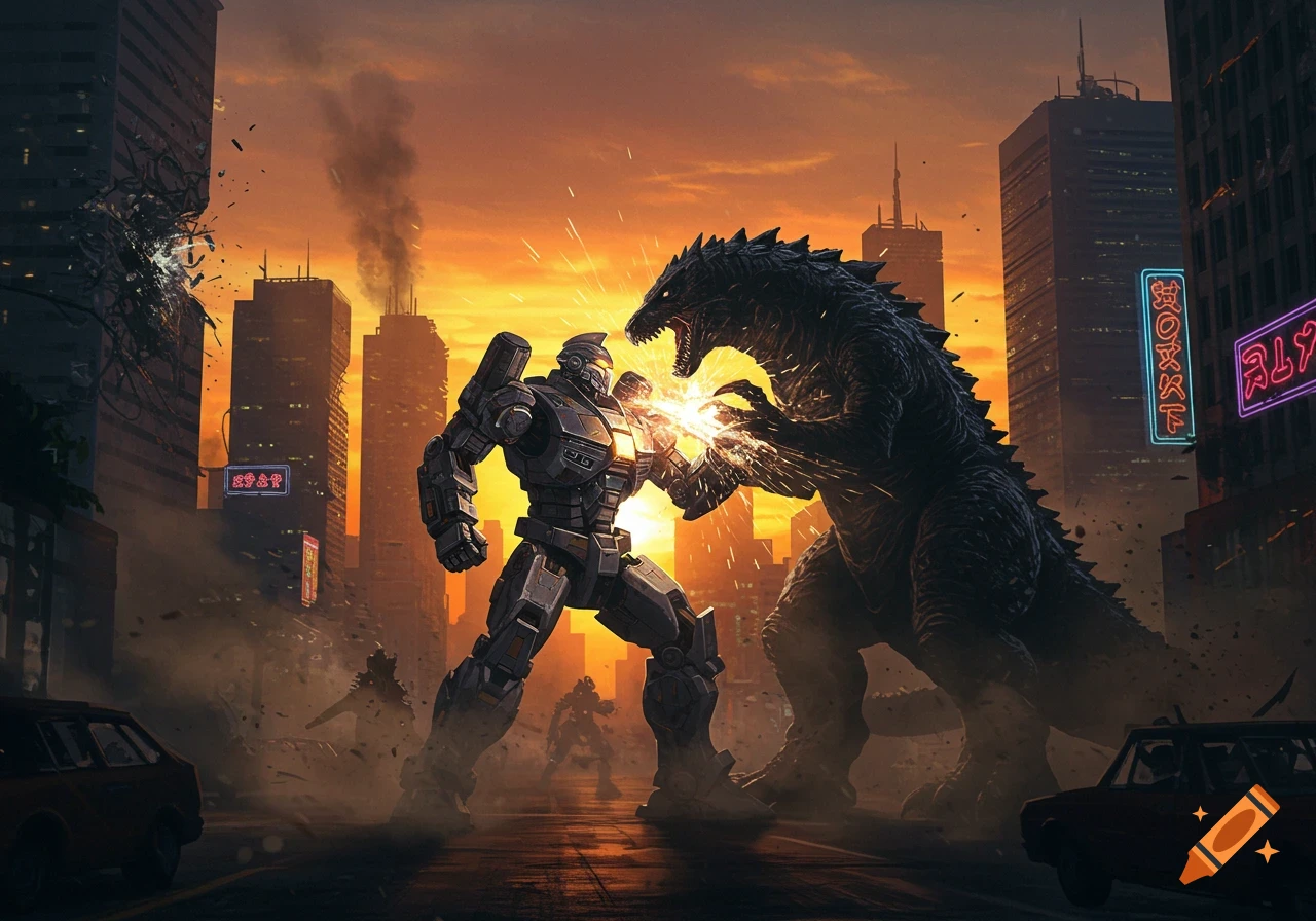 A giant robot fights a Godzilla-like monster in a destructed city at ...