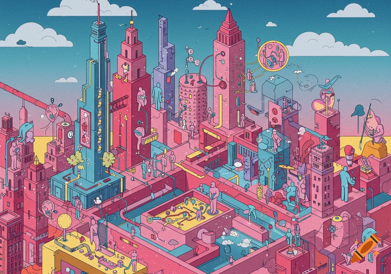 Stylized Art Deco cityscape with tall buildings in pastel colors, a ...