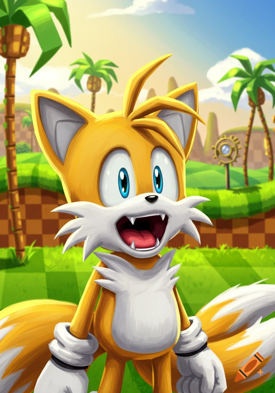 Tails the fox, a cartoon character, sits on a rug struggling to put on ...