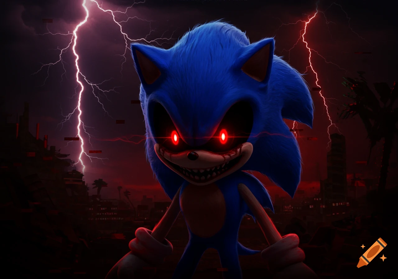 Creepy Sonic with glowing red eyes stands in a dark, abandoned basement ...