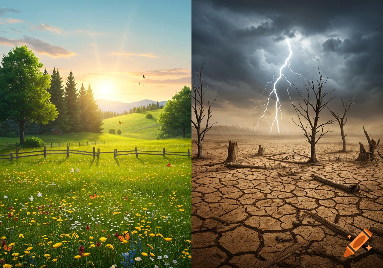 A split landscape image, one side features a vibrant green field with ...