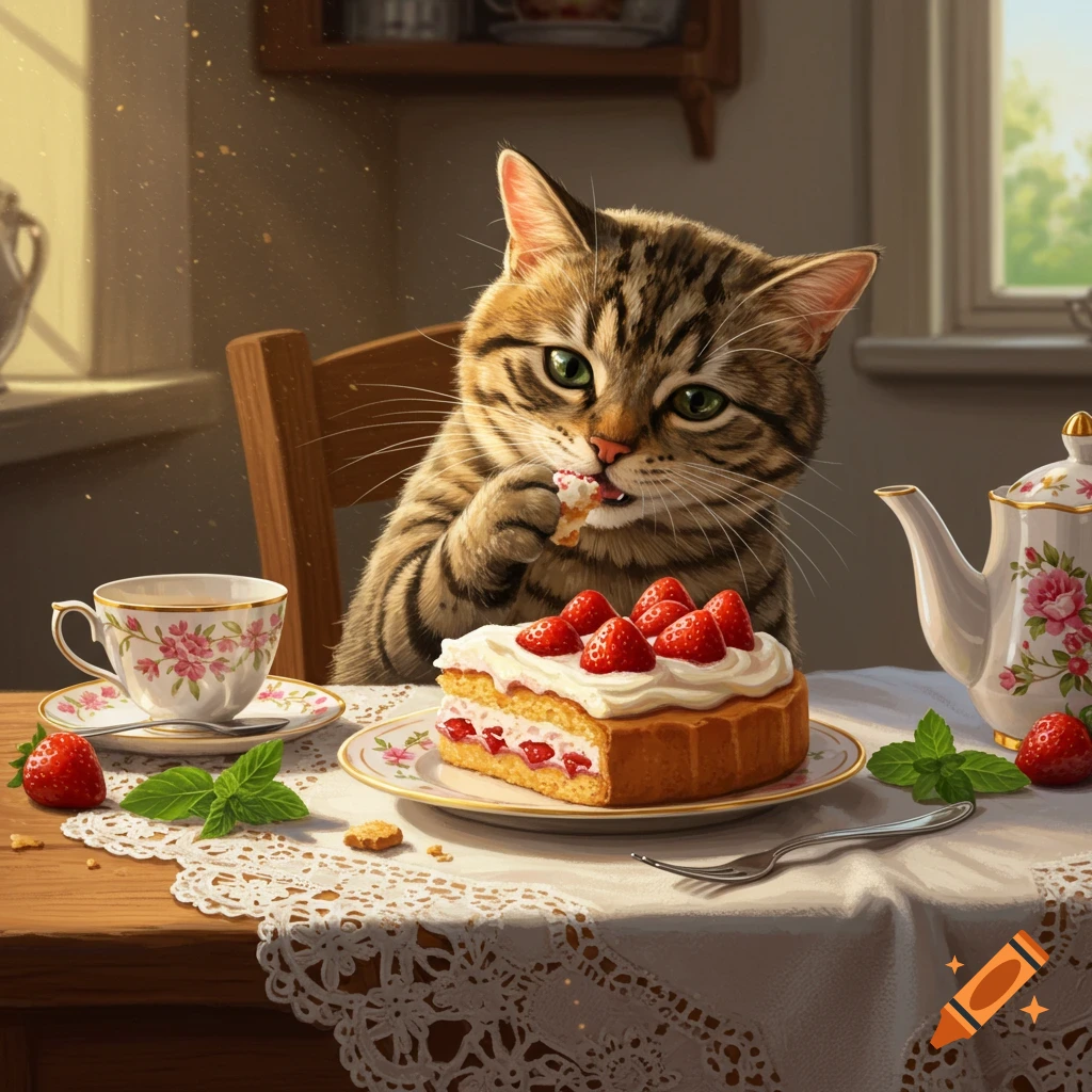 A cartoon rabbit happily eating a slice of Black Forest cake, with a ...