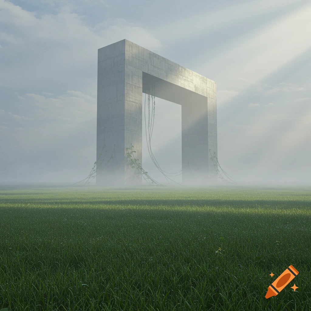 A towering concrete rectangular arch stands in a misty, green grass ...