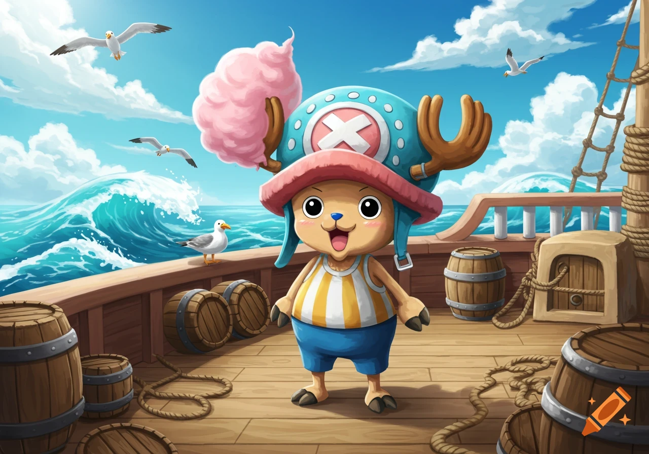Chopper from One Piece stands on a pirate ship deck with barrels and ...