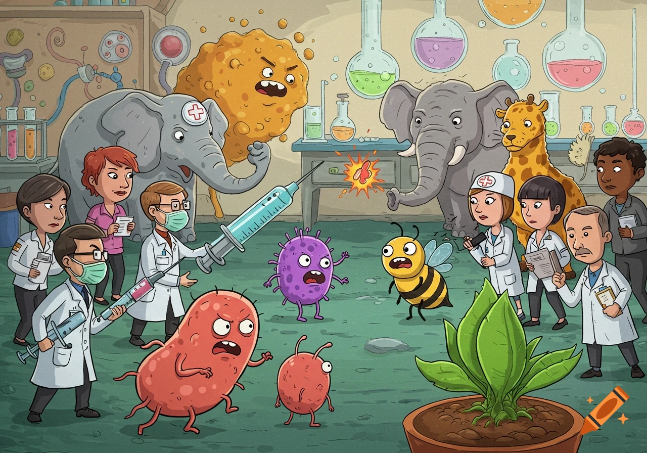 Cartoon scientists, doctors, elephants, a giraffe, a bee, and a plant ...