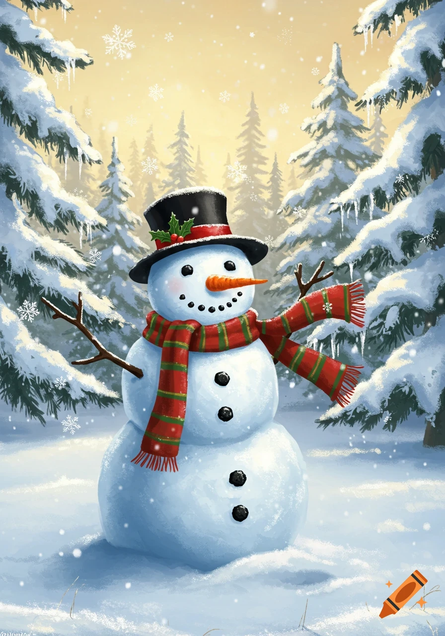 A smiling snowman wearing a black top hat and red striped scarf stands ...