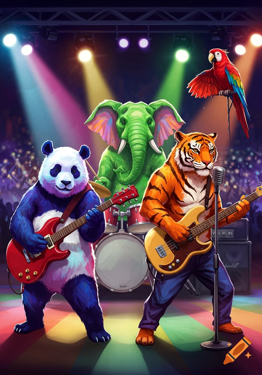 A blue panda, orange tiger, green elephant, and red parrot play ...