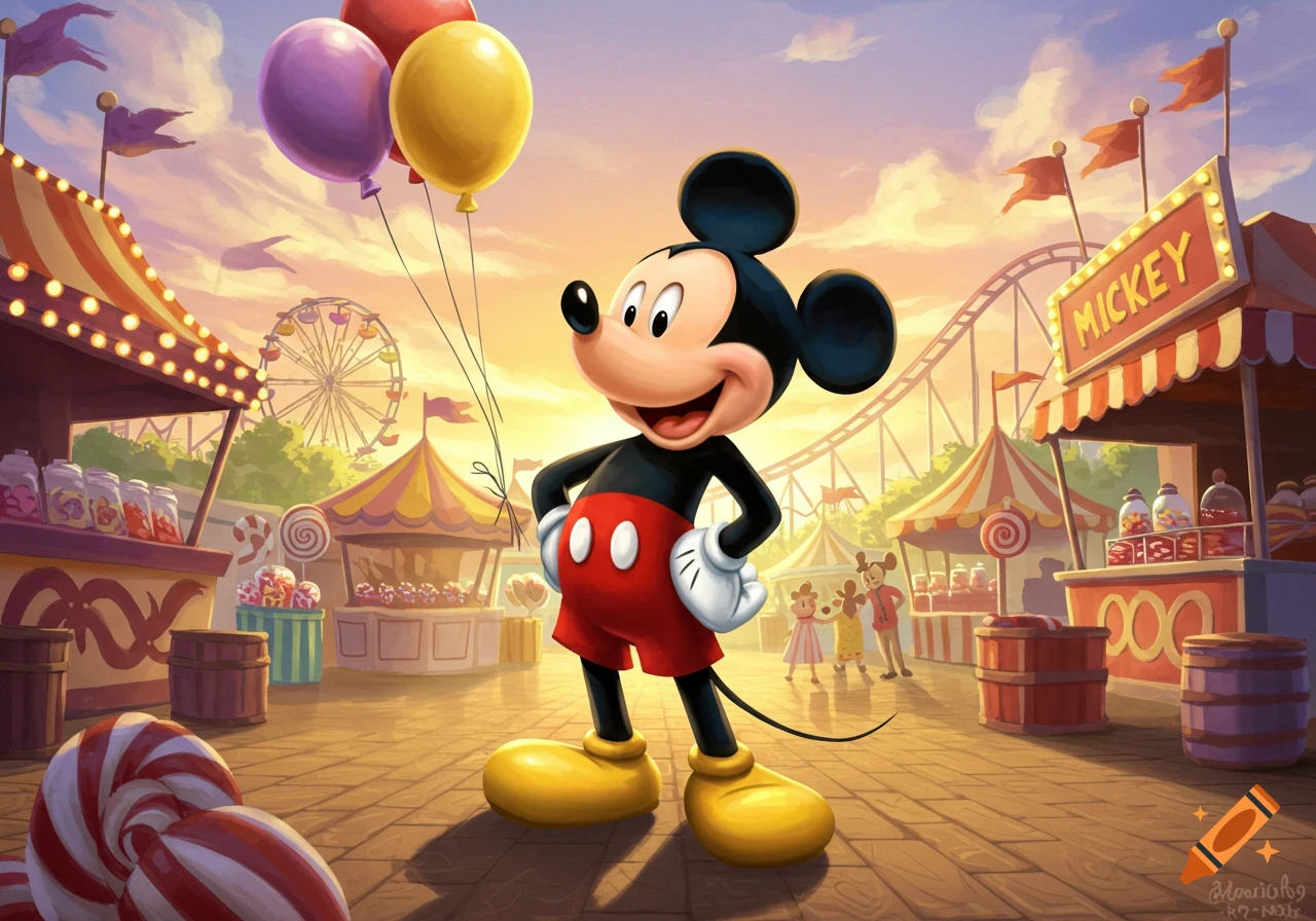 Mickey Mouse stands proudly at a vibrant carnival, holding balloons ...