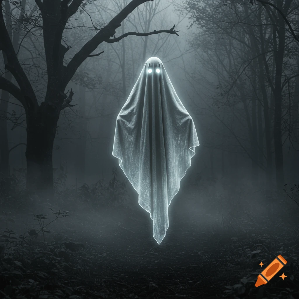 A glowing white sheet ghost floats eerily in a dark, misty forest with ...