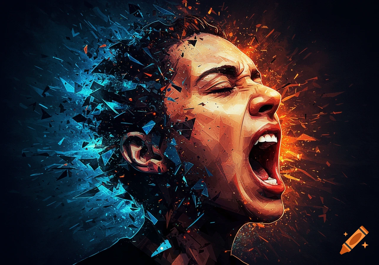 Abstract digital art of a person screaming, with their face fragmenting ...
