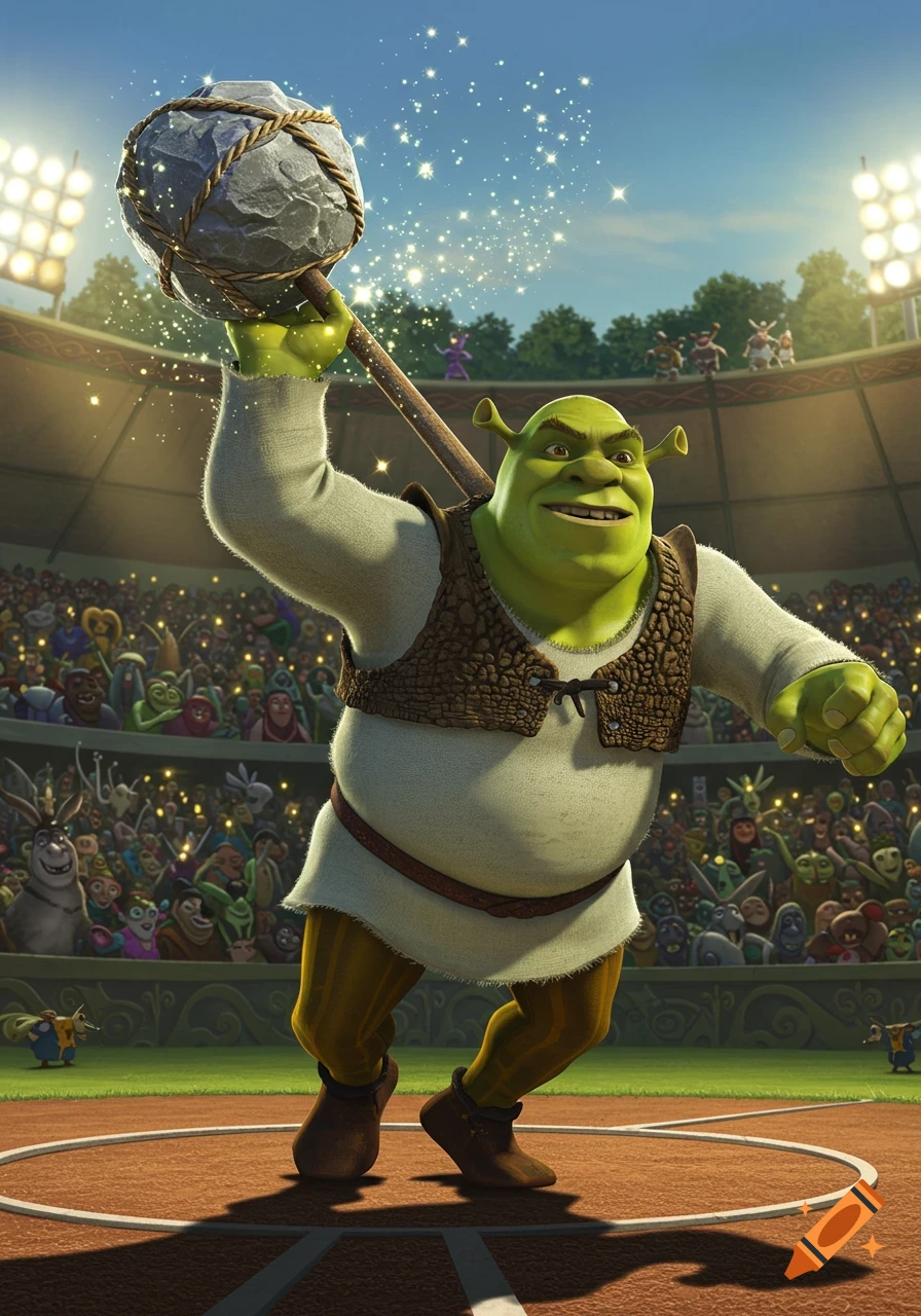 Shrek, a green ogre, is performing a hammer throw in a brightly lit ...