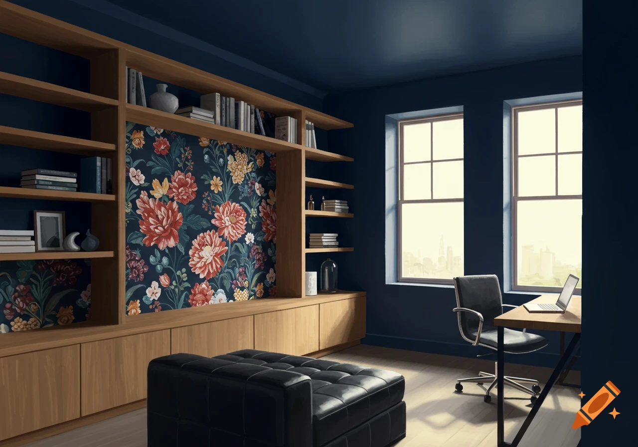 A stylish home office with navy blue walls, oak shelves, floral ...