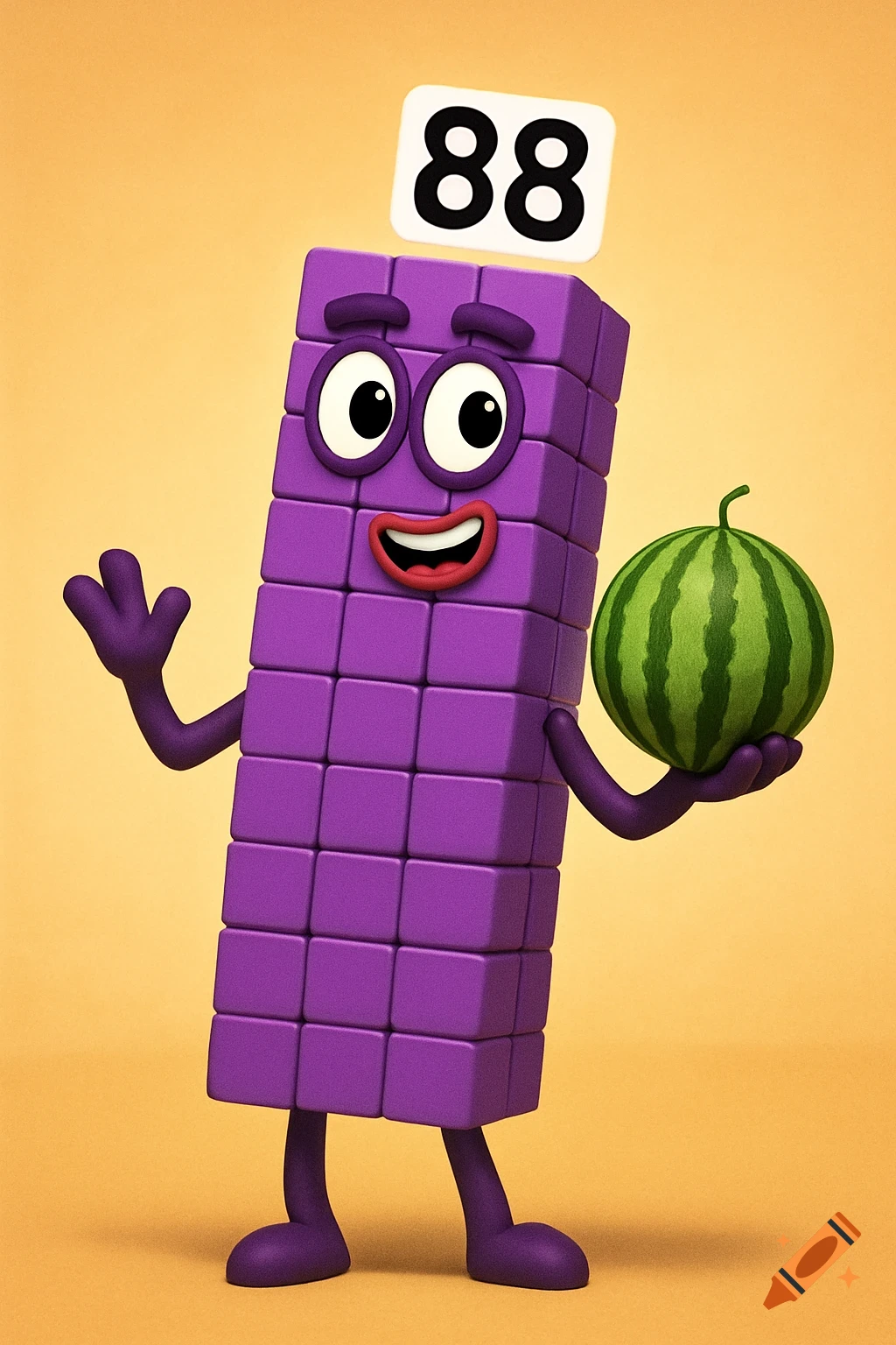 A friendly cartoon block character, mostly orange and red at the top ...