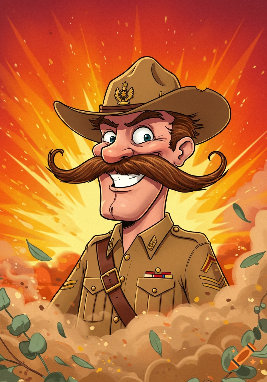 A smiling, mustachioed cartoon Australian soldier in uniform with a ...