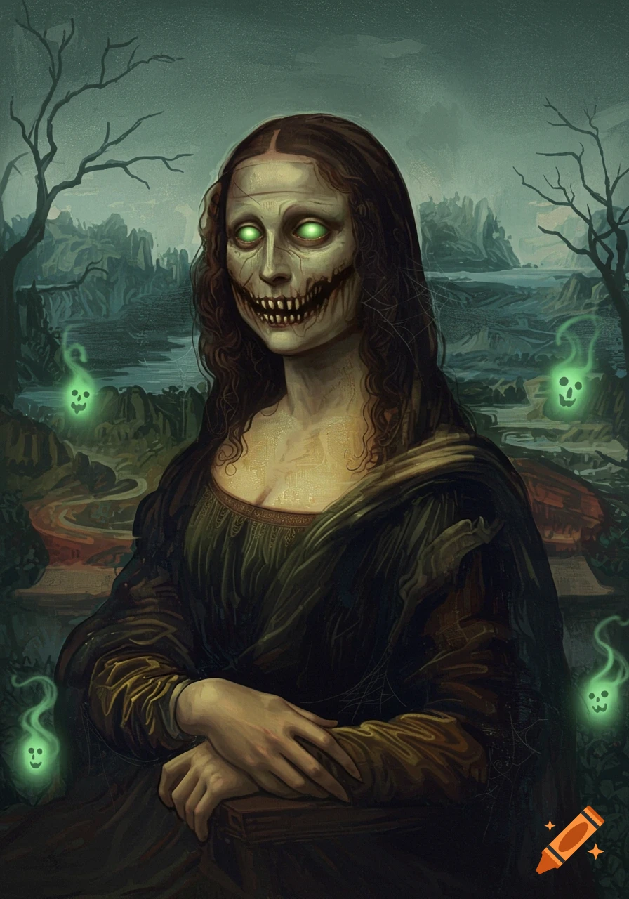 A horror painting of a zombie Mona Lisa with glowing green eyes and a ...
