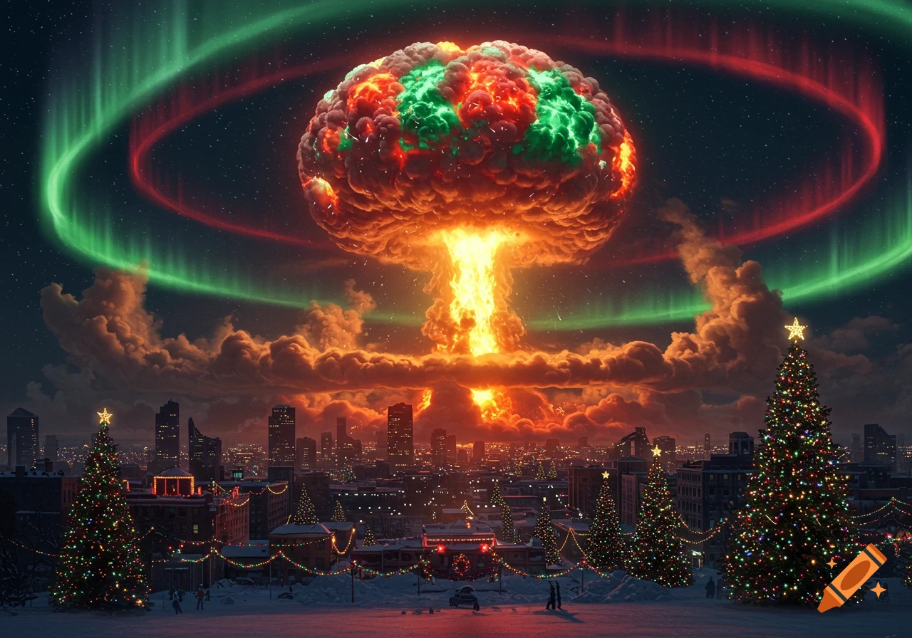 A stylized nuclear explosion with red and green lights hovers over a ...