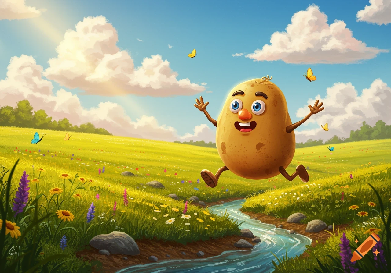 A happy cartoon potato runs through a vibrant green meadow with a ...