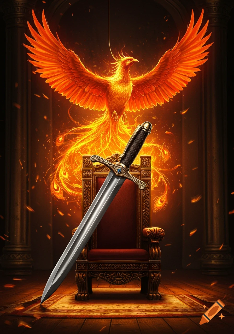 A majestic fiery phoenix with outstretched wings behind a golden throne ...