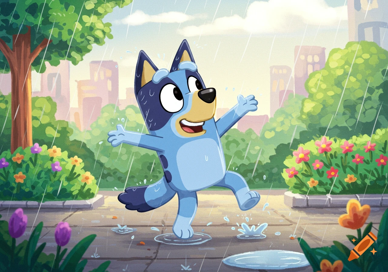 Bluey, a blue cartoon dog, dances happily in a city park during a light ...