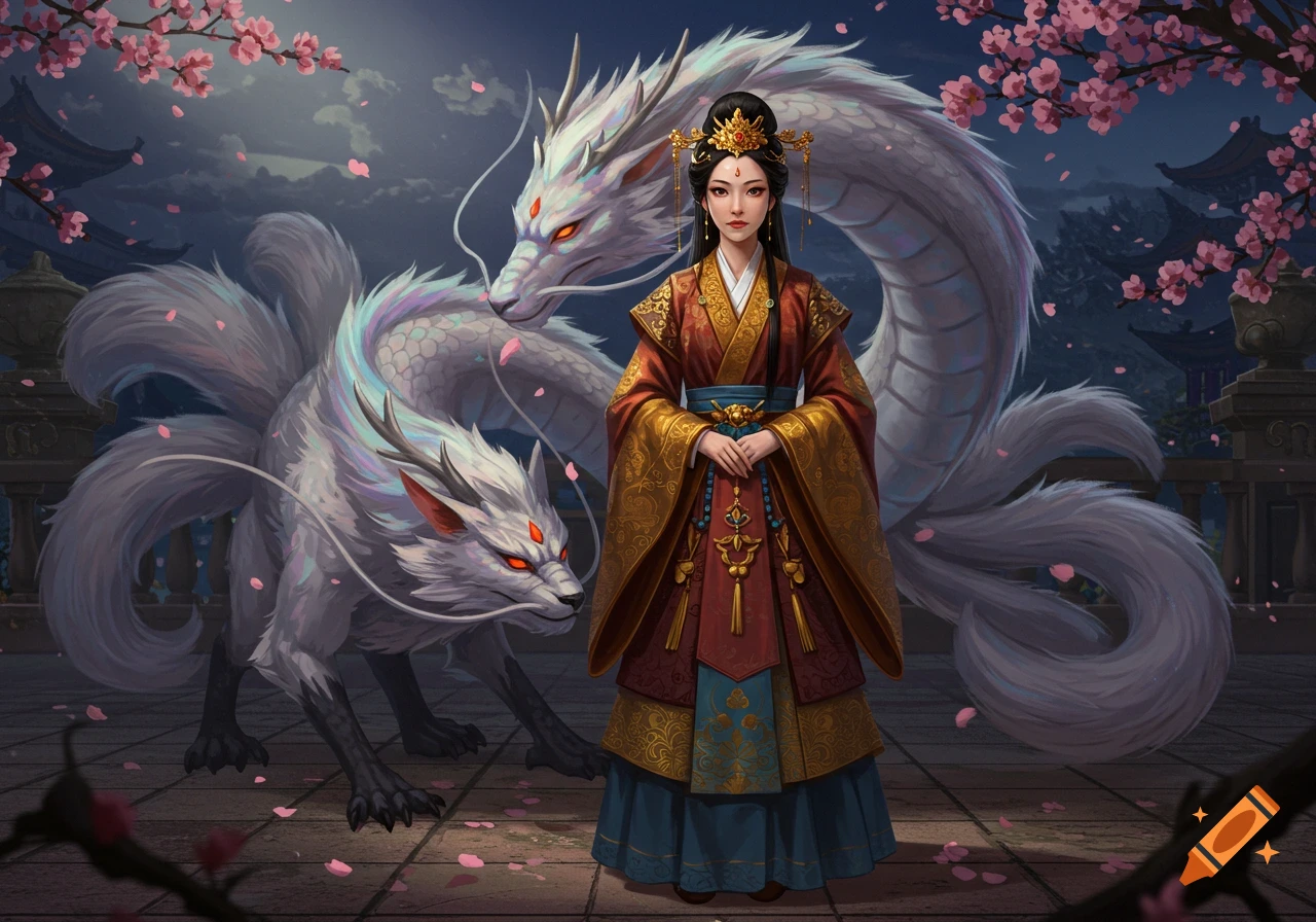 An East Asian princess in ornate traditional attire stands with a white ...