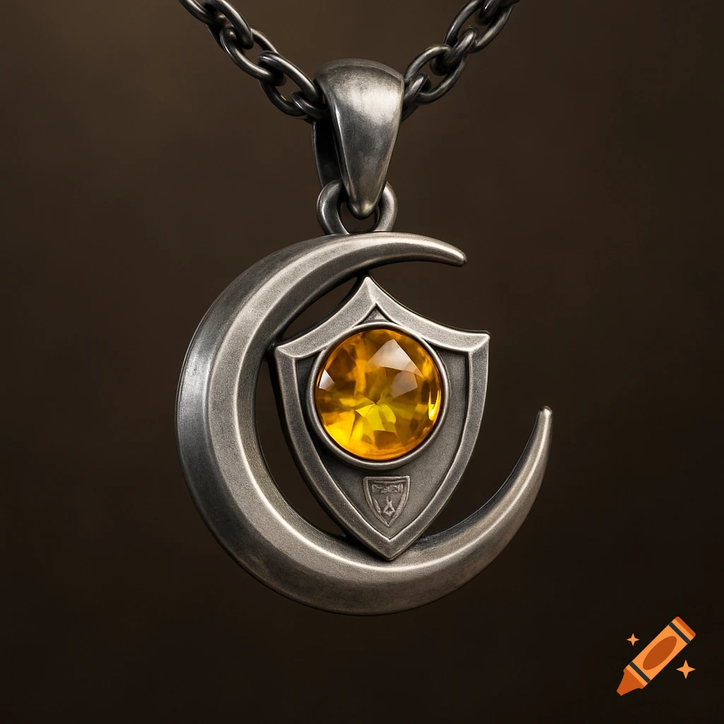 A detailed silver crescent moon and shield pendant with a faceted ...