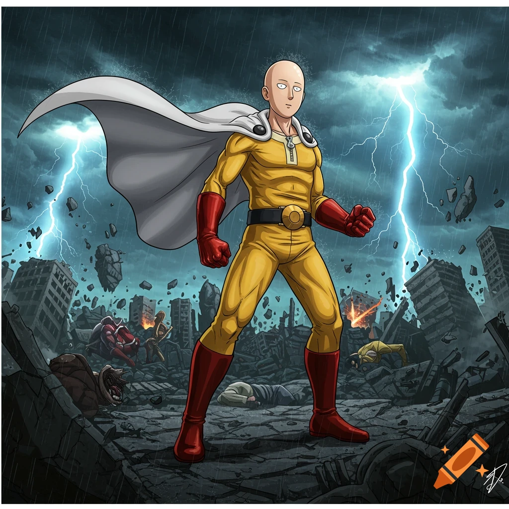 Anime style One-Punch Man, Saitama, stands calmly amidst a destroyed ...