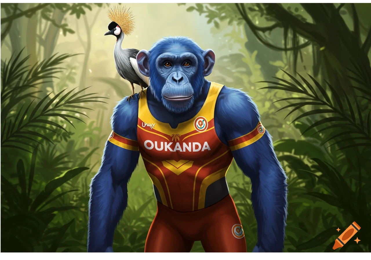 Blue chimpanzee in a red and yellow athletic uniform with 'OUKANDA' on ...