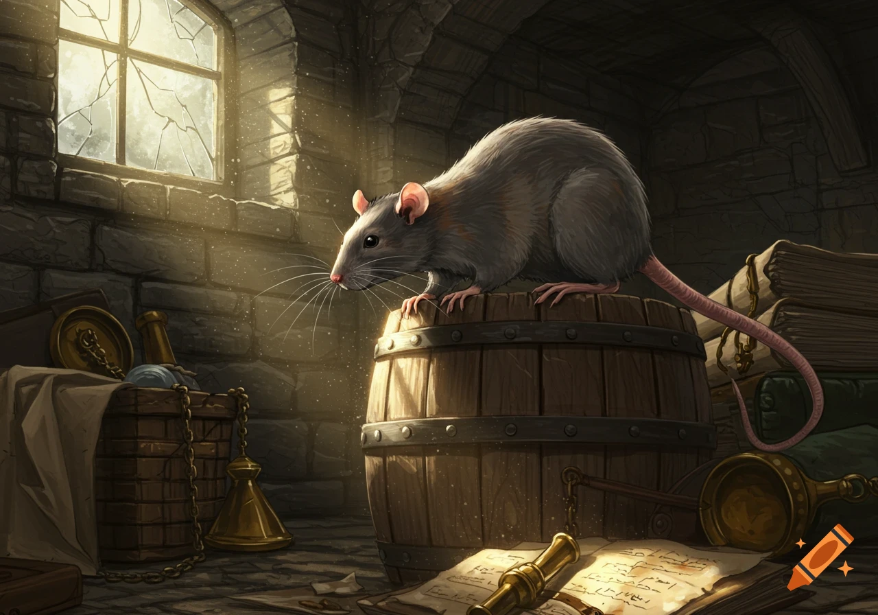 A menacing seven-headed rat king with golden crowns and glowing blue ...