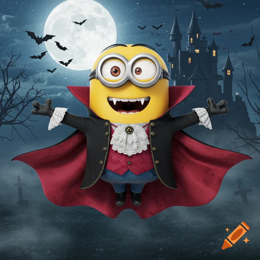 A Minion dressed as a vampire, with fangs and a red cape, floats above ...
