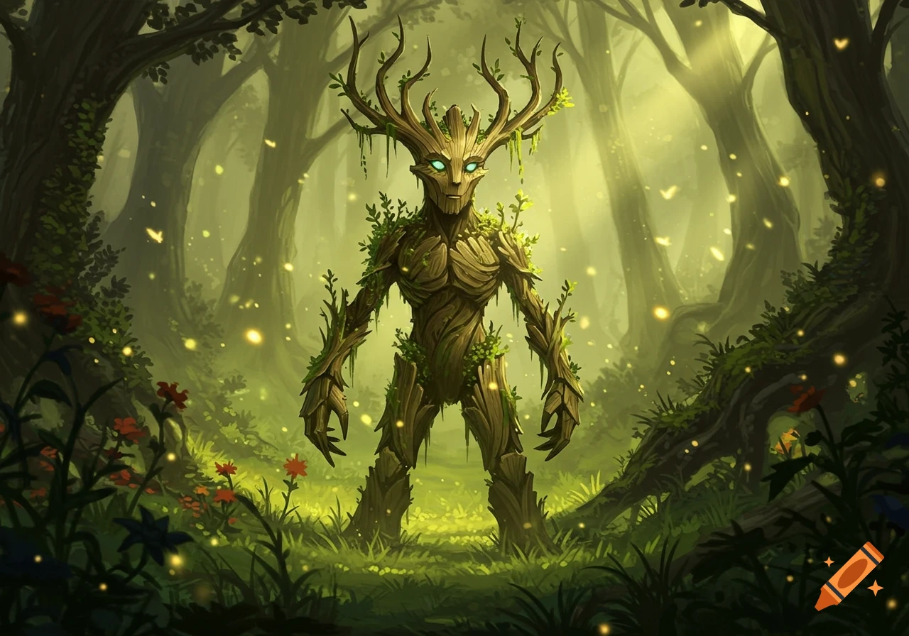 A fantasy tree-like creature with glowing eyes and antlers stands in a ...