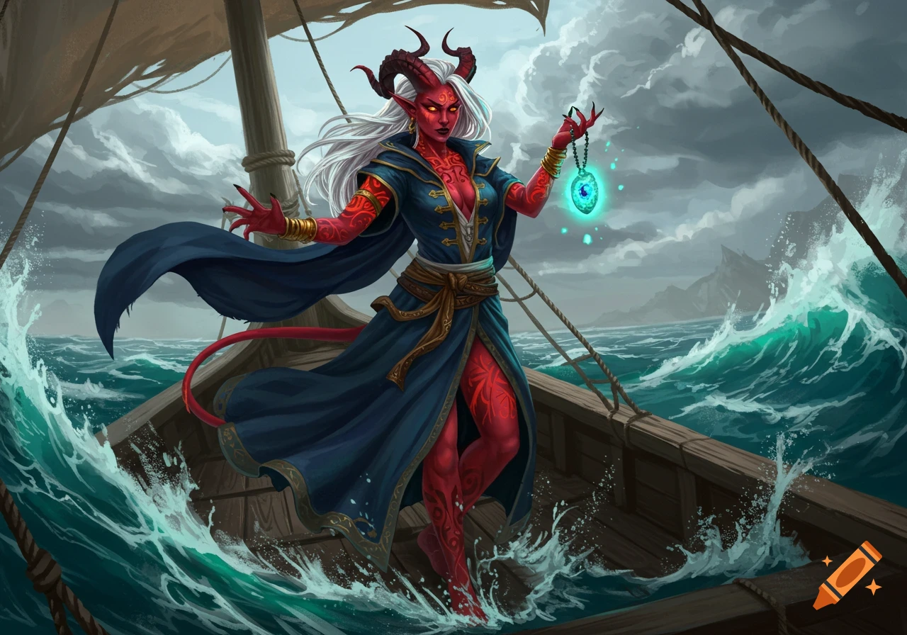 A red-skinned Tiefling pirate queen with white hair and horns stands on ...