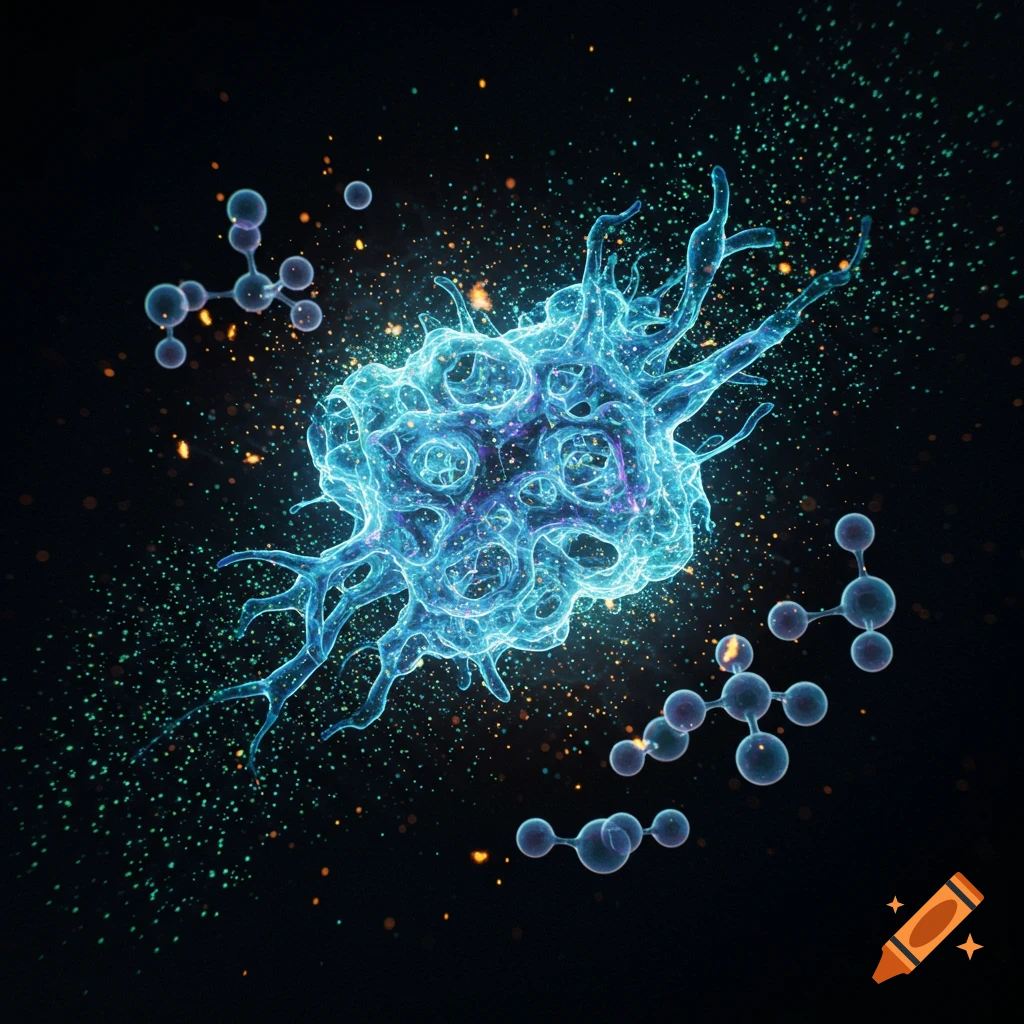 A menacing, glowing red and blue abstract computer virus with sharp ...