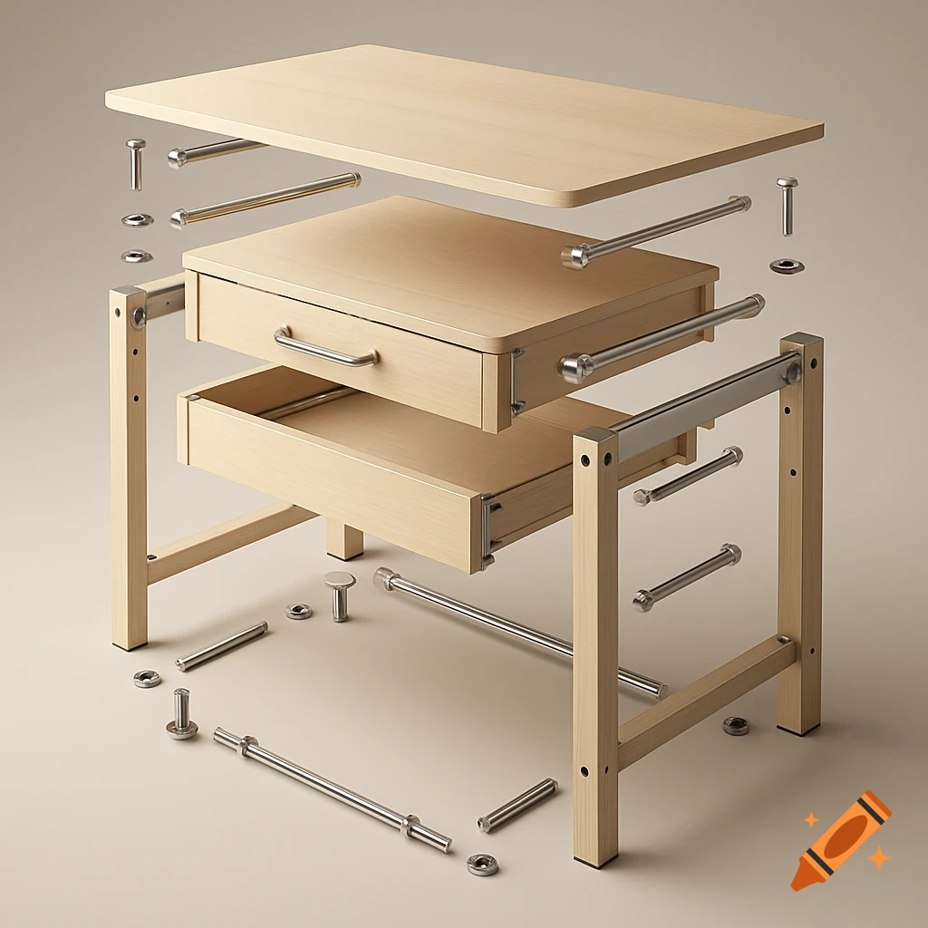 Disassembled wooden toy box with carved and plain components, including ...