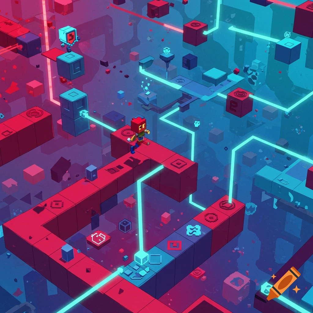 A blocky character walks across a red and blue isometric game level ...