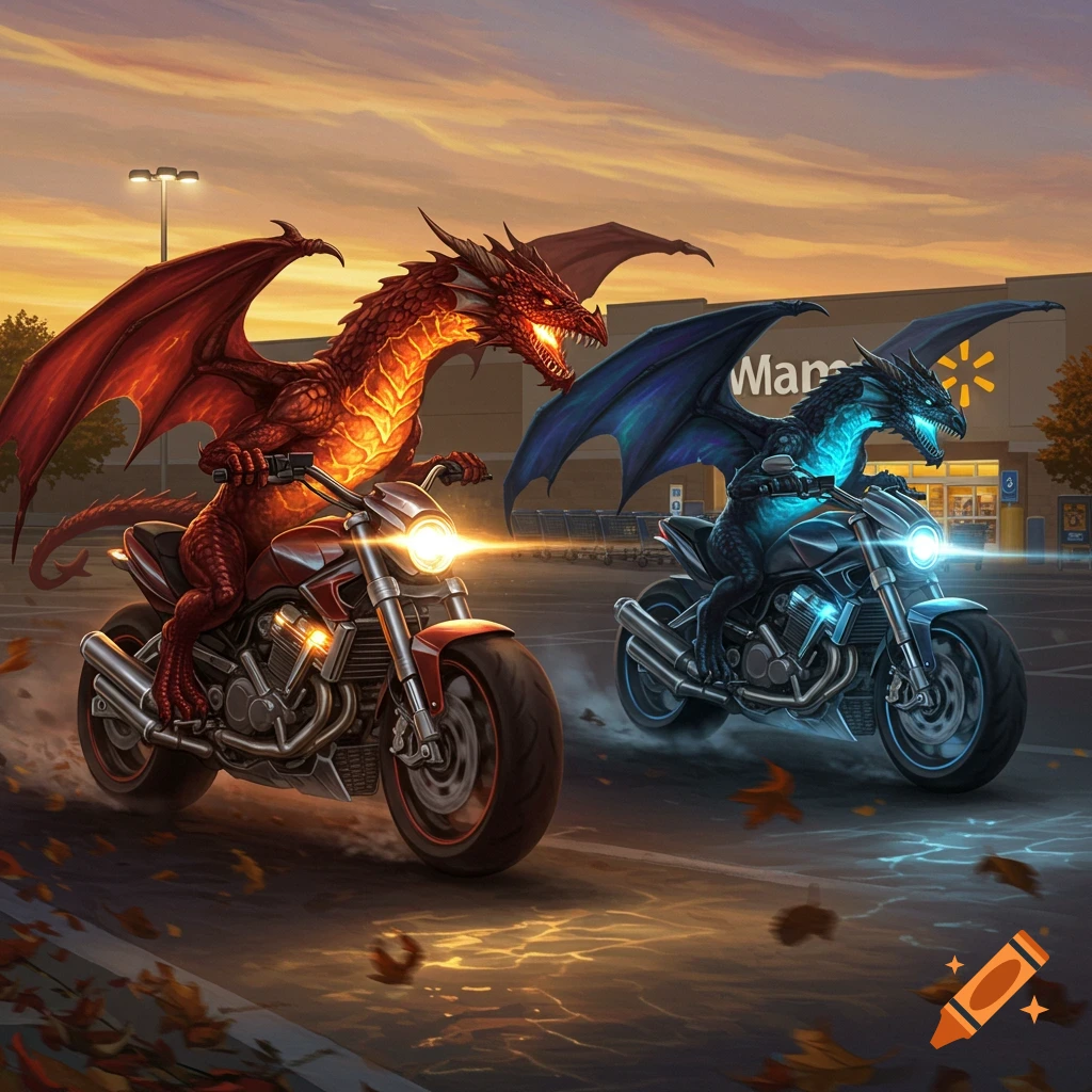 Two fiery dragons, one red and one blue, ride motorcycles in front of a Walmart store at sunset ...