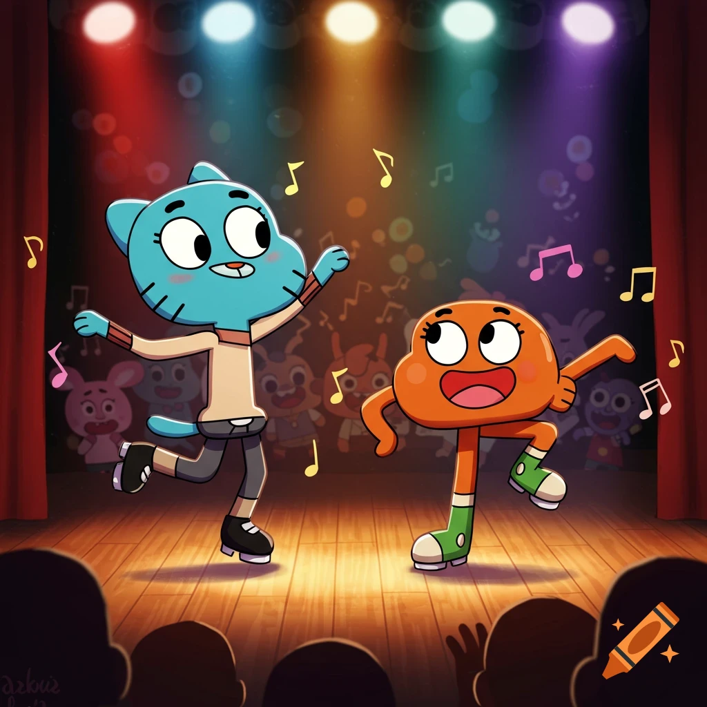 Gumball Watterson tap dancing on a spotlighted stage with an orchestra ...