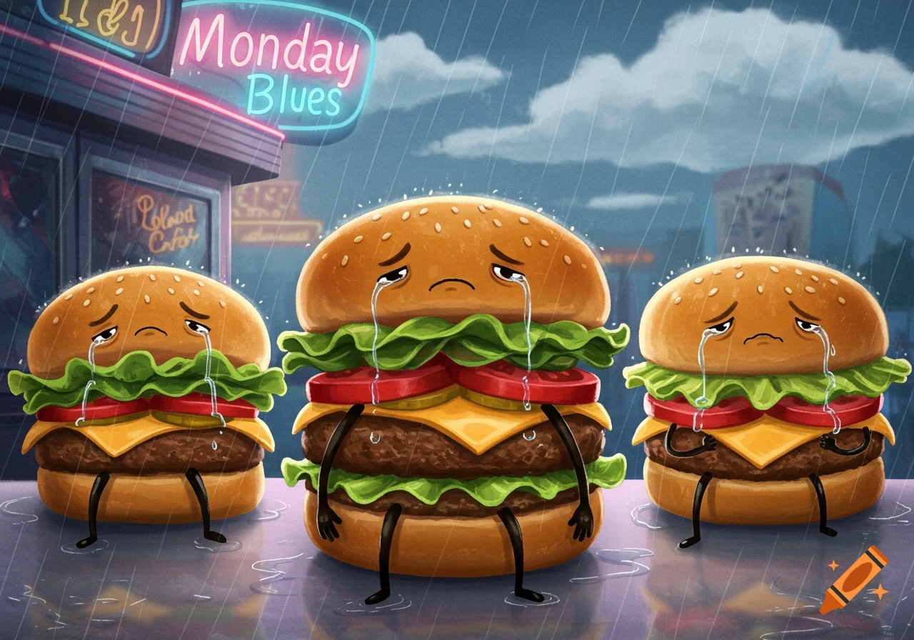 Three anthropomorphic cartoon burgers with sad faces cry in the rain ...