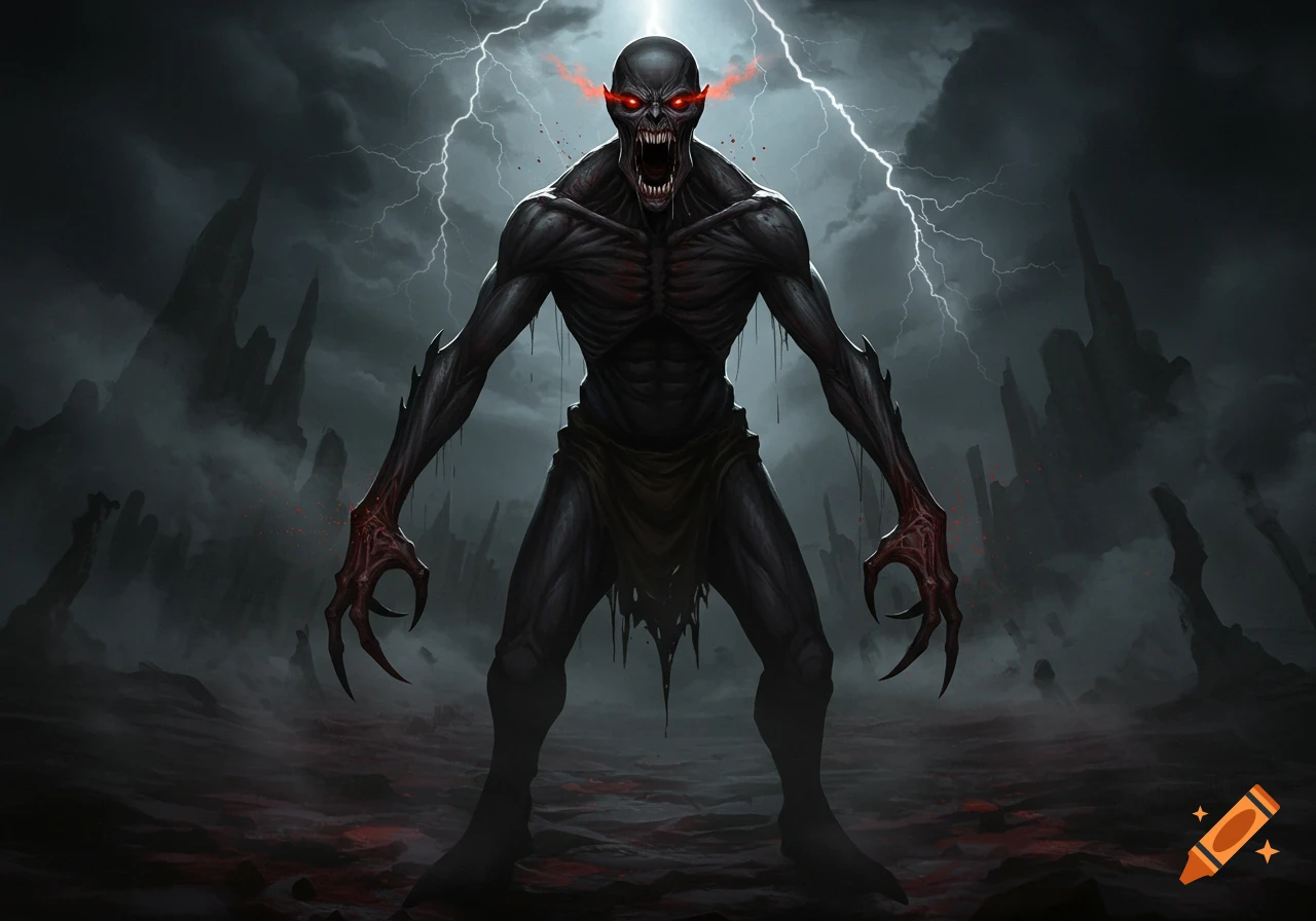 A towering dark demon monster with glowing red cracks emerges from ...