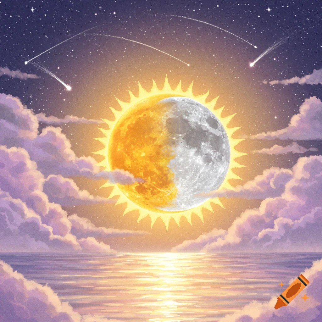 A vibrant illustration of a glowing sun and moon fused together ...
