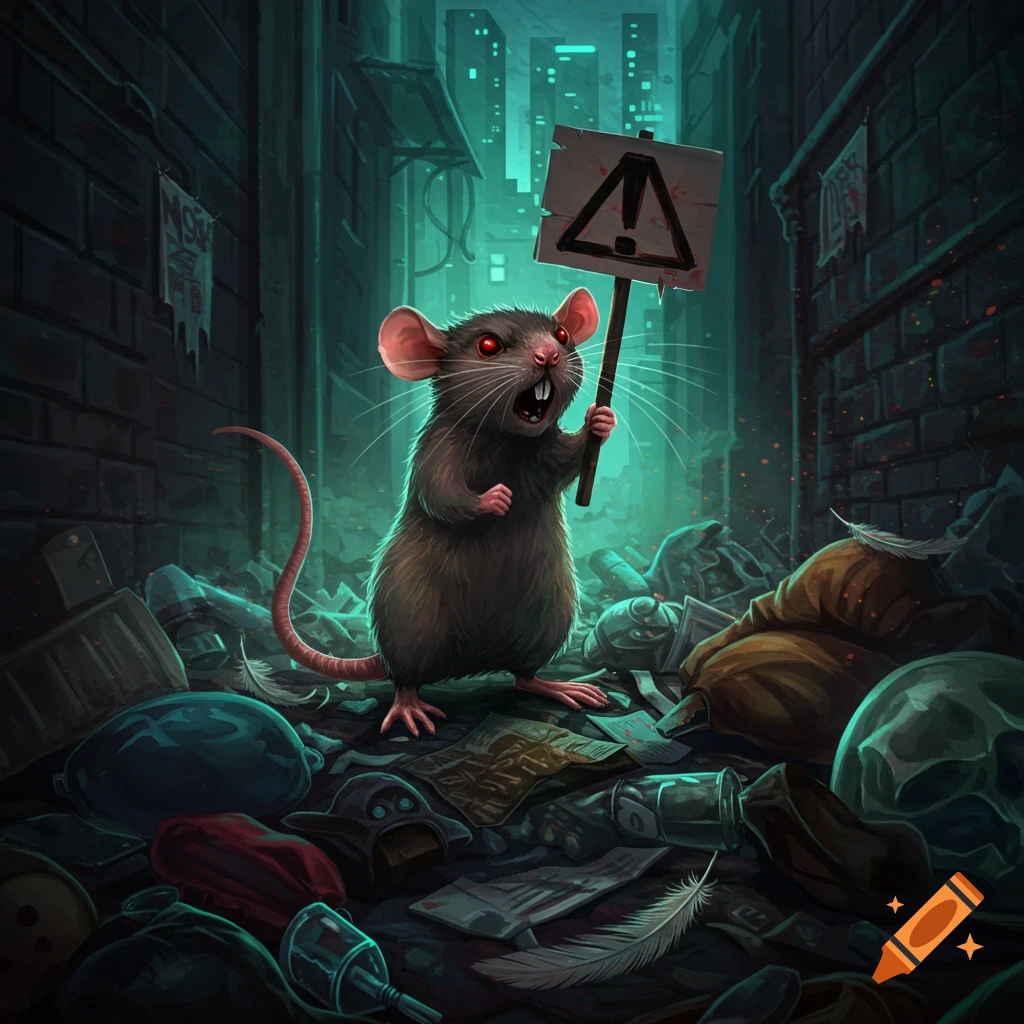 Two rats stand in a dark, wet sewer tunnel with green glowing mushrooms ...