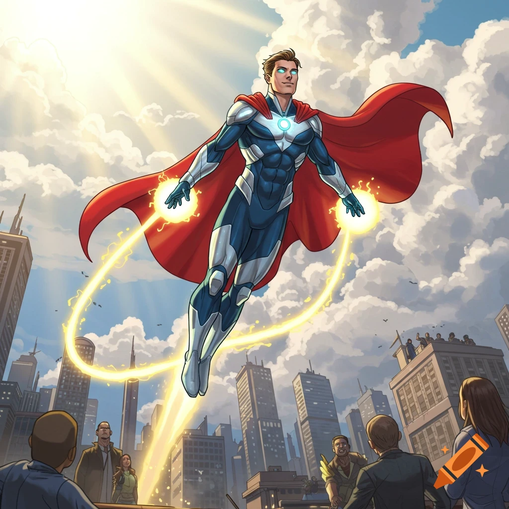 A male superhero in a blue and silver suit with a red cape flies over a ...