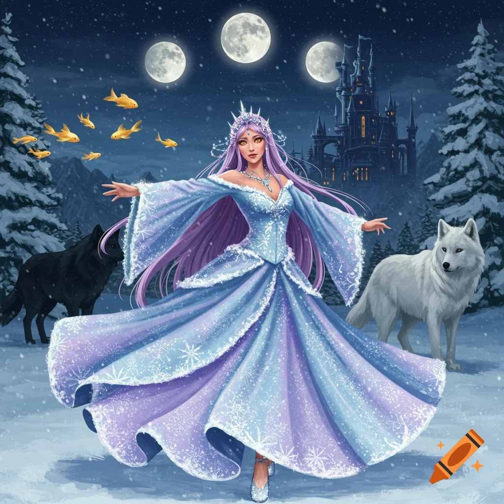 An elegant Ice Queen in a sparkling blue gown stands in a snow-covered forest next to a bicycle ...