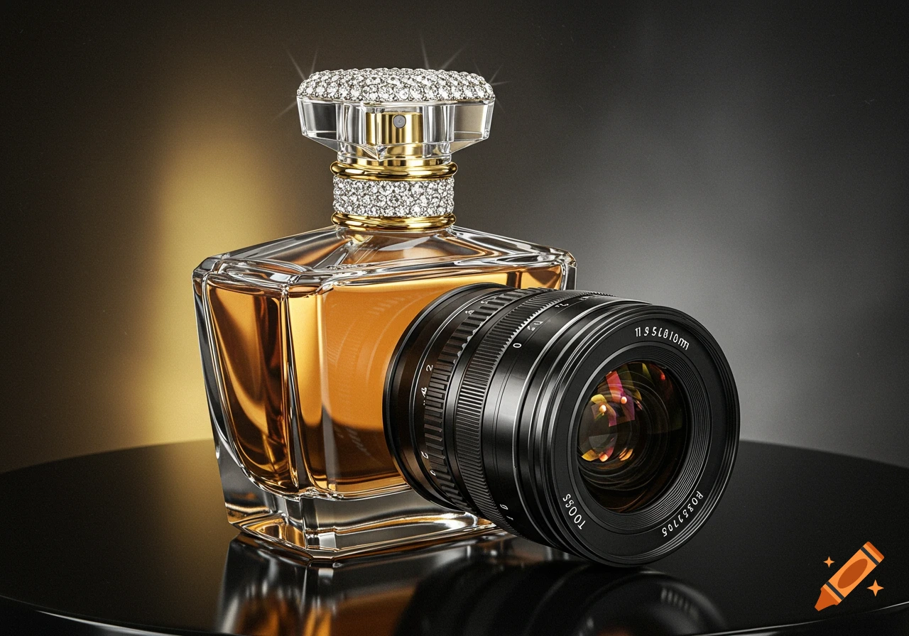 A diamond-encrusted perfume bottle fused with a camera lens, reflecting ...