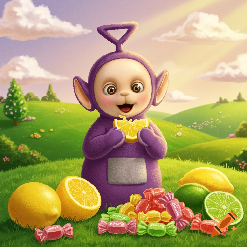 A purple Teletubby holds a lemon slice, surrounded by lemons, limes ...