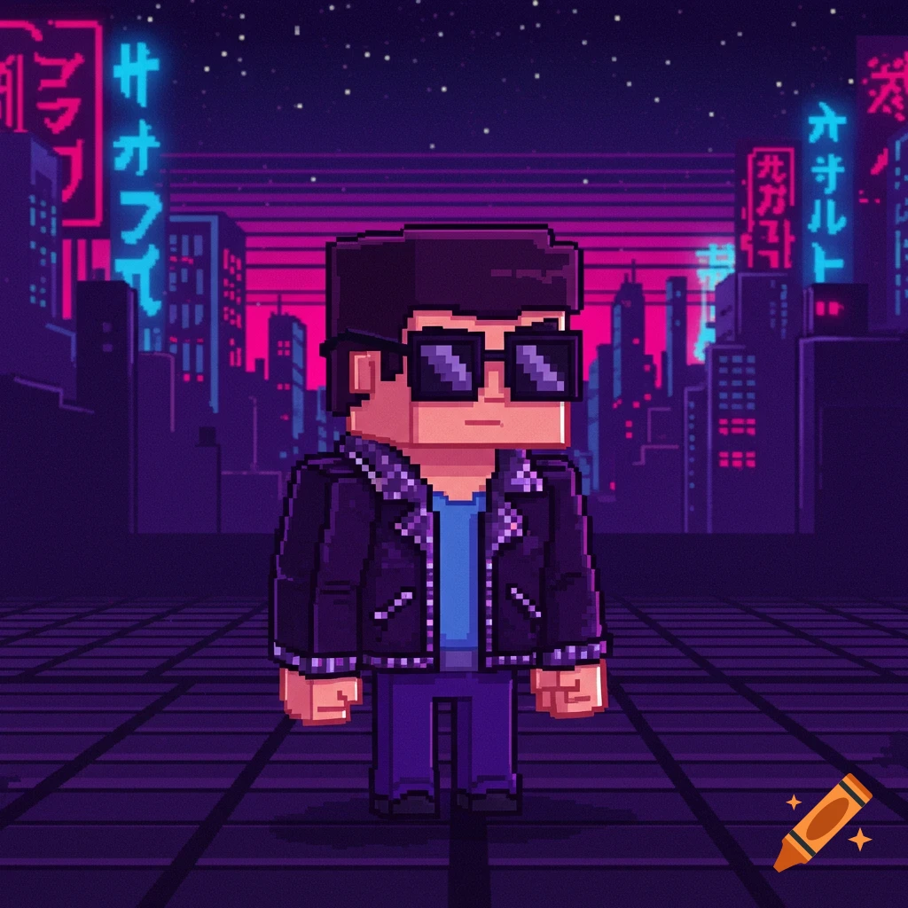 An 8-bit pixel art character in sunglasses and a leather jacket stands ...