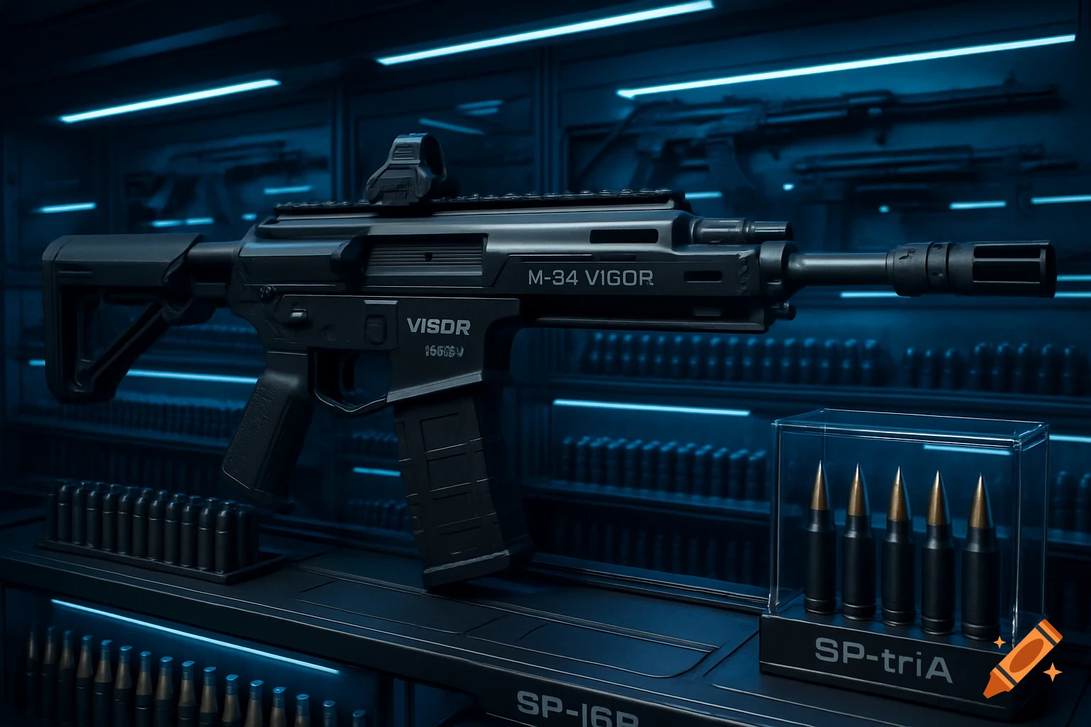 A futuristic dark gray rifle with a scope, labeled "M-34 VIGOR ...
