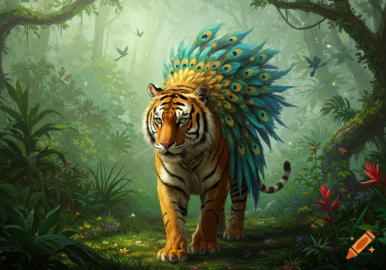 A majestic blue and white tiger with glowing blue eyes walks through a ...