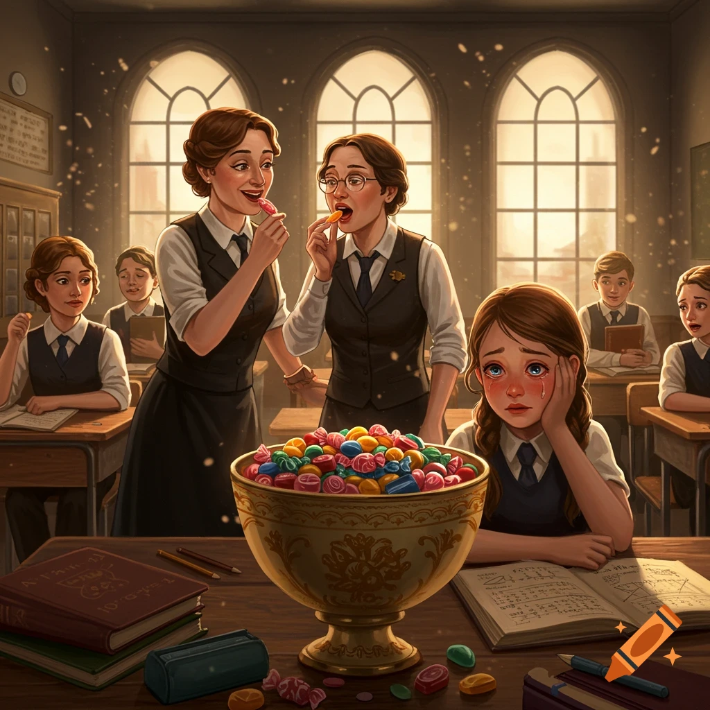 Teachers eat candy from a large bowl in a classroom while students sit ...