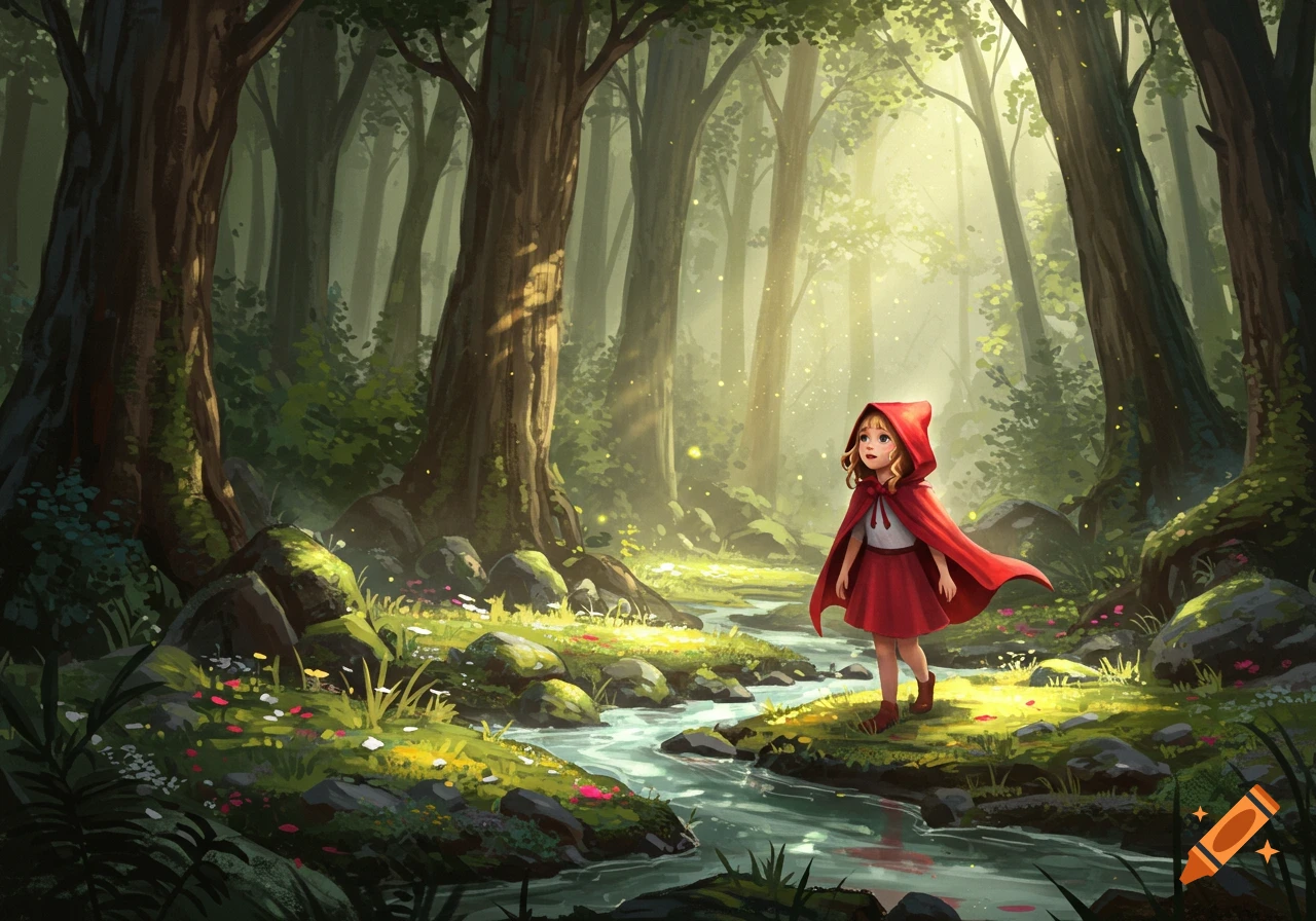 A young girl in a red hooded cape, like Little Red Riding Hood, stands ...