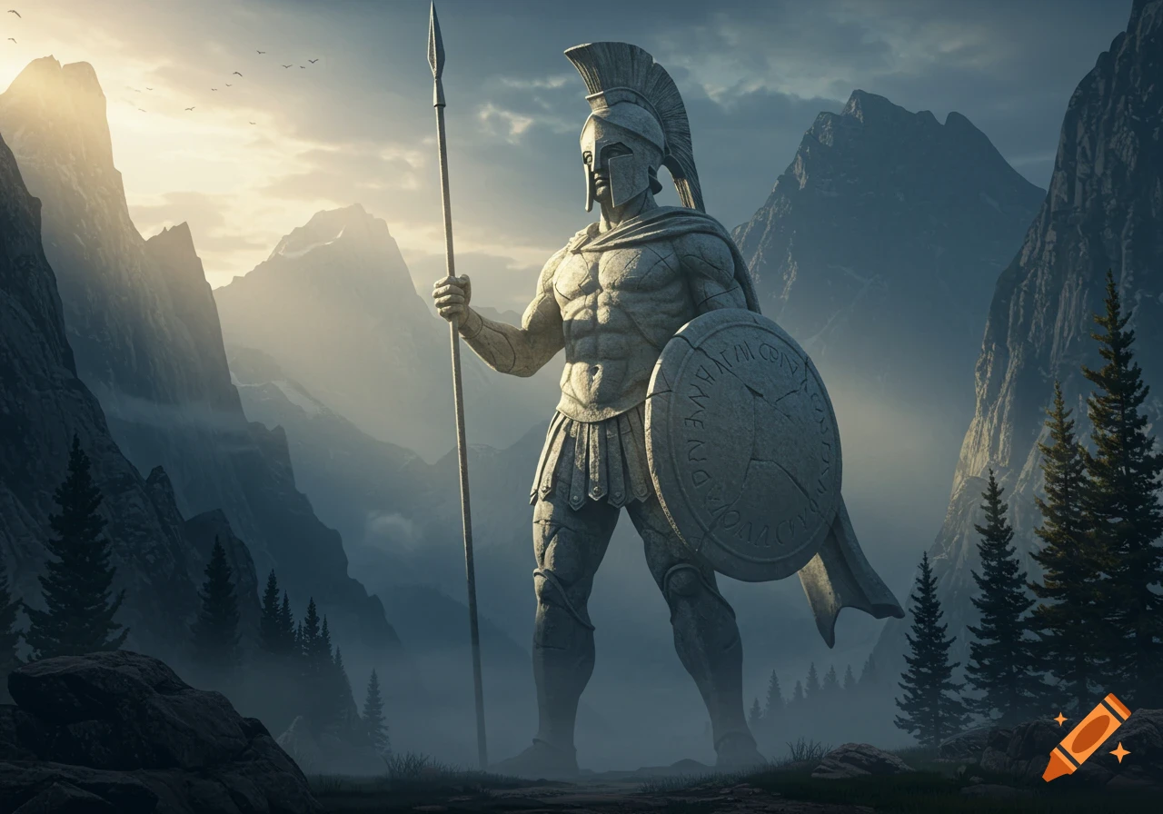 A large stone statue of a Spartan warrior holding a spear and shield ...